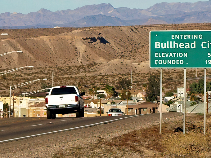 Welcome to Bullhead City, where desert meets river! That sign isn't kidding about the elevation &ndash; or the adventures waiting beyond.