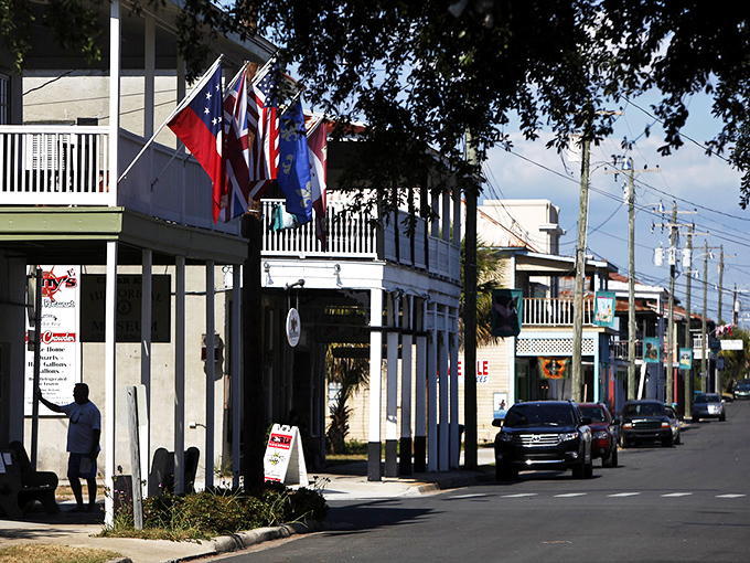 Cedar Key's main street offers a glimpse of Old Florida, where colorful storefronts welcome visitors to this laid-back island community.