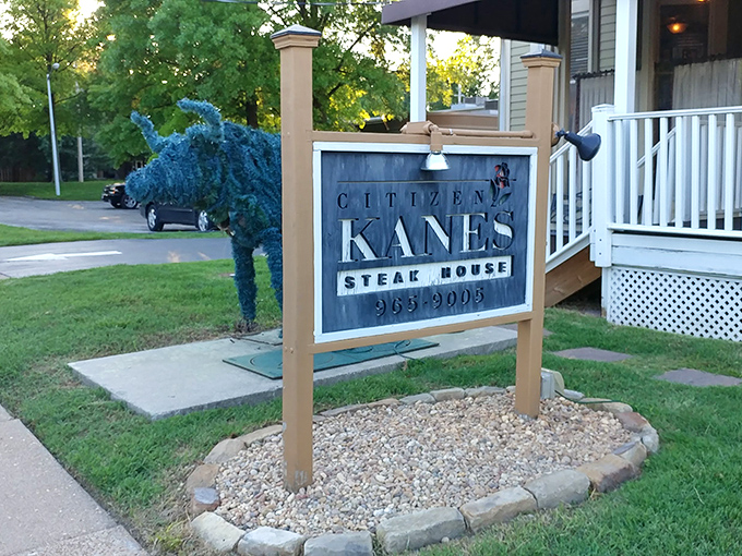 Citizen Kane's charming sign and blue bull sculpture say, "Yes, we're quirky AND we know our steaks." Rosebud, indeed!