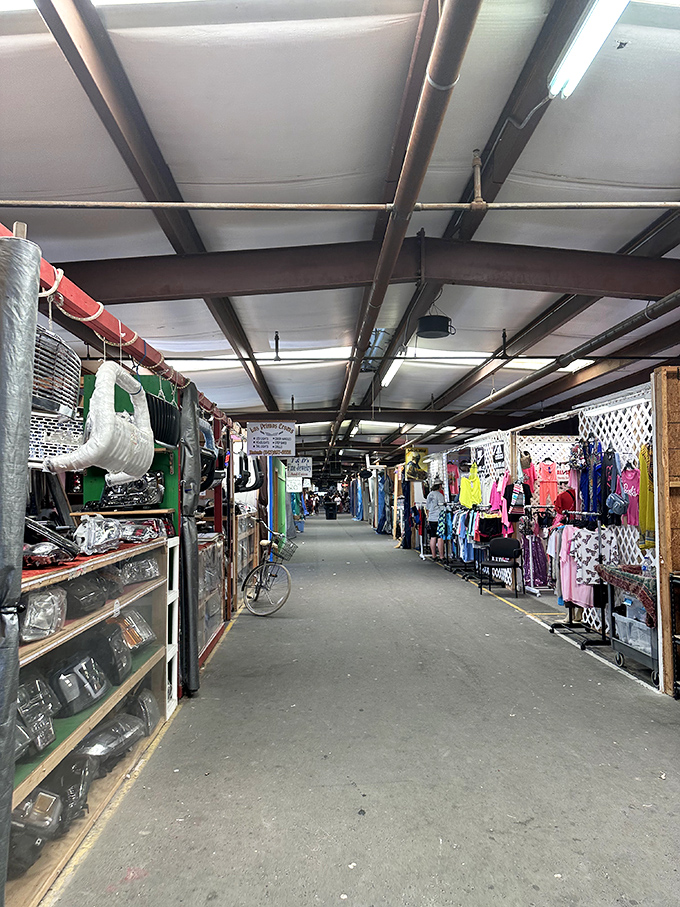 Covered walkways protect shoppers from elements while they hunt for treasures. Like Main Street in a town of bargains!