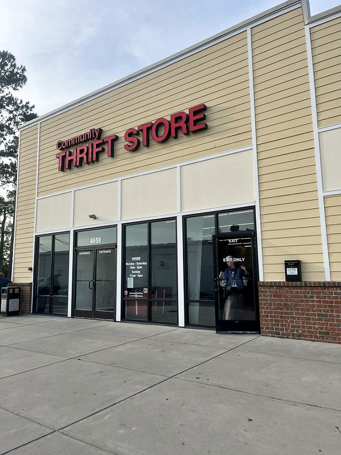 Community Thrift Store's modern exterior belies the vintage treasures within—like finding an iPhone that somehow plays vinyl records.