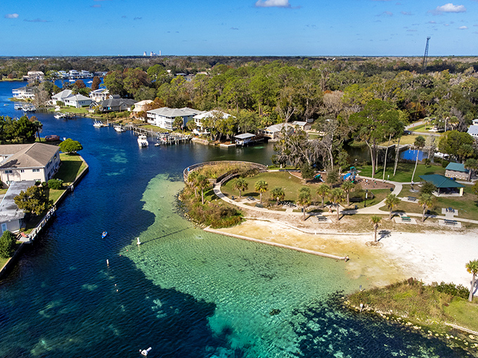 Crystal River's pristine waters and waterfront homes showcase Florida's natural beauty, where manatees and residents coexist peacefully.