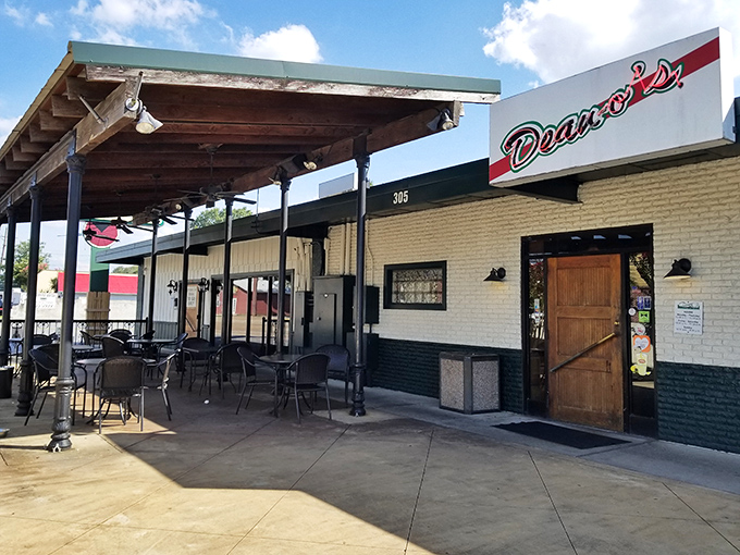 Deano's welcoming patio practically whispers, "Stay awhile, the pizza is worth savoring slowly."