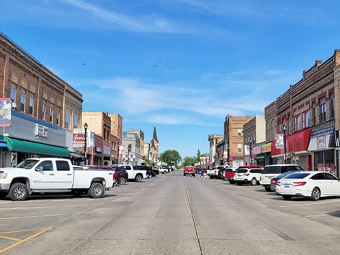 Devils Lake's main street – where every storefront tells a story and nobody's ever too busy for a friendly chat.