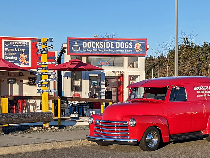 Nautical vibes and hot dogs collide at Dockside Dogs, where their vintage red truck is almost as famous as their food.