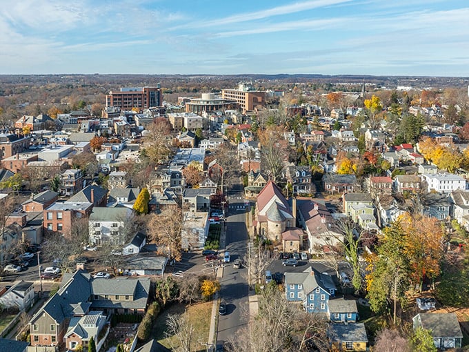 Absolutely stunning aerial view of this beautiful Pennsylvania town! Loving the architecture and the vibrant colors of late autumn leaves.