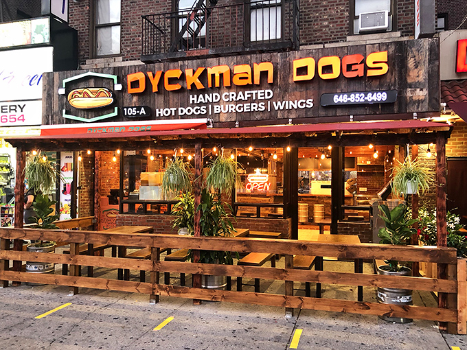 Dyckman Dogs brings the garden party vibes to your hot dog experience. Those hanging plants aren't the only things flourishing here!