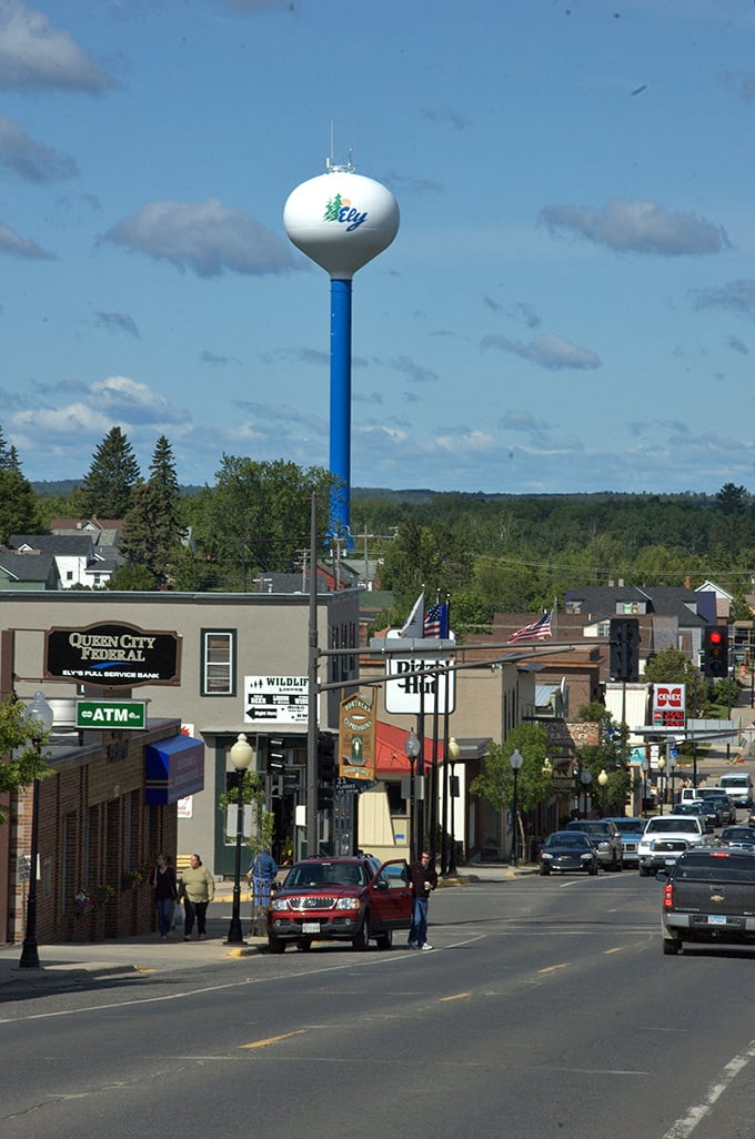 Ely's water tower rises above the wilderness gateway like a friendly beacon, marking the spot where adventure truly begins.