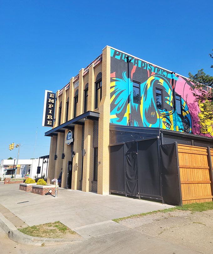 Empire's vibrant exterior is like its pizzas—bold, colorful, and impossible to ignore in OKC's Plaza District.
