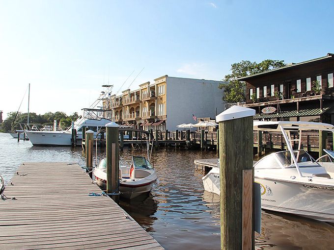 Georgetown's waterfront boardwalk offers front-row seats to nature's daily dolphin show and sunset spectacular. 