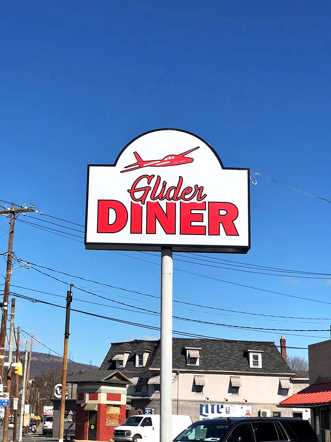 Look up! Glider Diner's iconic airplane sign promises food that will make your taste buds soar to new heights.