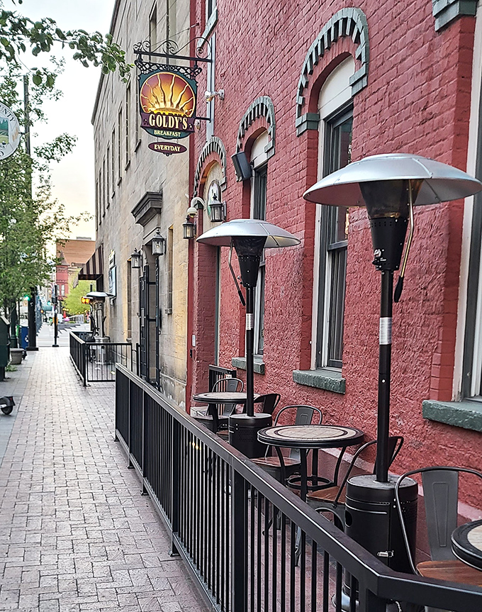 Goldy's bright sign promises sunshine, even on cloudy Boise mornings. The sidewalk tables beckon for coffee and conversation.
