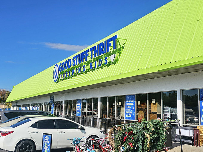 You can't miss Good Stuff Thrift's eye-popping lime green exterior! It's like a neon sign screaming "Amazing deals inside!"