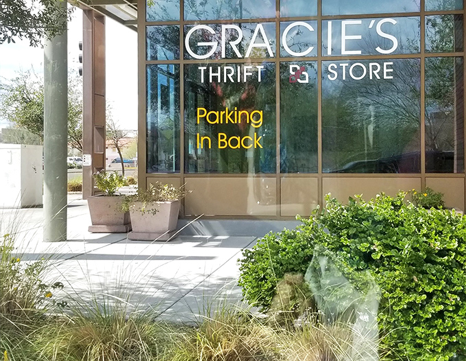 Gracie's modern storefront hides behind desert plants, like the best bargains often hide behind the ordinary.