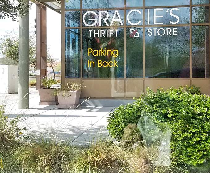 Gracie's modern storefront with desert landscaping offers a zen-like approach to the chaotic joy of thrifting.