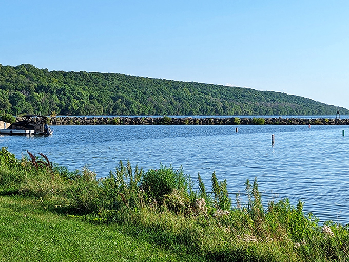 Lake Winnebago stretches to the horizon at High Cliff State Park, where the water meets sky in a perfect Wisconsin postcard.