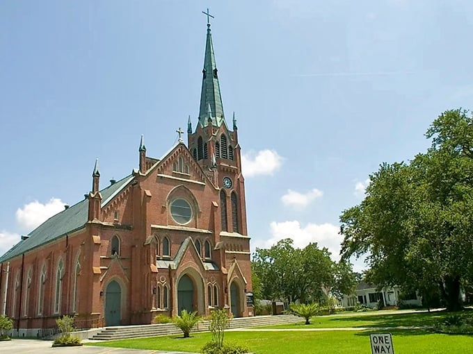 Jeanerette's historic church spire reaches skyward, anchoring this bayou community in faith and Southern tradition.
