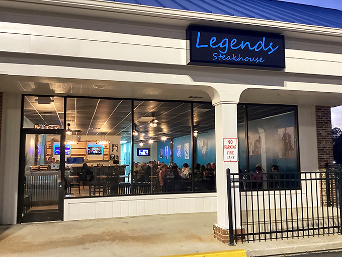 Legends' bright blue awning and welcoming storefront bring big-city steakhouse vibes to small-town Newberry.