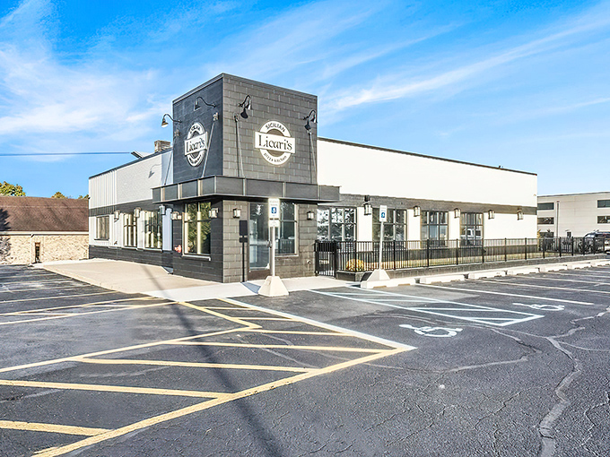 Licari's sleek black exterior is the tuxedo that dresses up the pizza party happening inside this Grand Rapids gem.