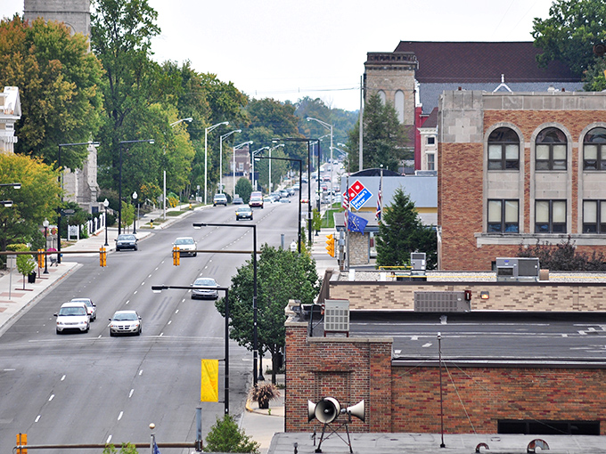 From above, Logansport&rsquo;s main stretch showcases a blend of historic brick storefronts and tree-lined sidewalks&mdash;small-town charm anchored in everyday life rather than grand landmarks.