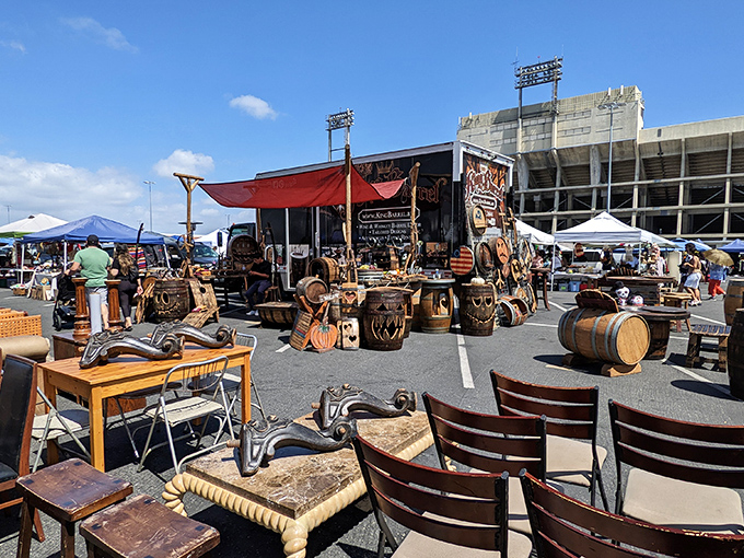Wooden furniture with character fills the Long Beach Antique Market parking lot. That hand-carved chair has probably witnessed more interesting conversations than most people!