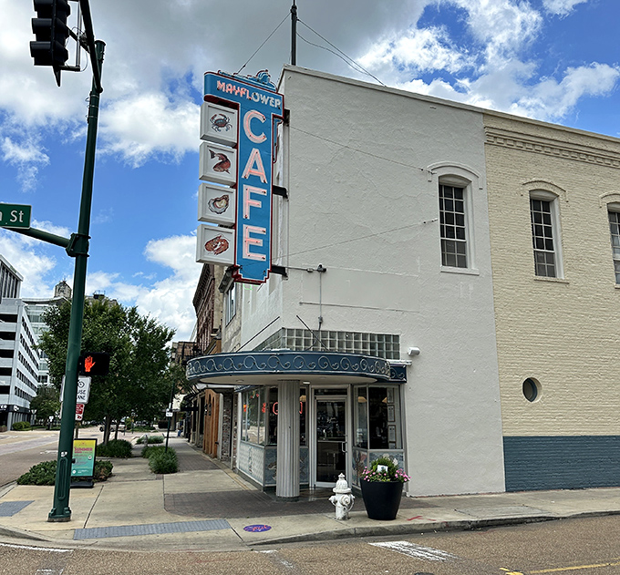 Downtown dining at its most classic! The Mayflower's iconic blue sign promises timeless Mississippi cuisine in Art Deco surroundings.