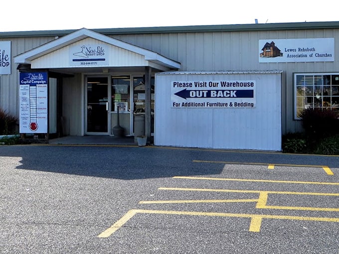 The New Life Thrift Shop sits ready with its warehouse-style charm and that tantalizing "out back" promise of more.