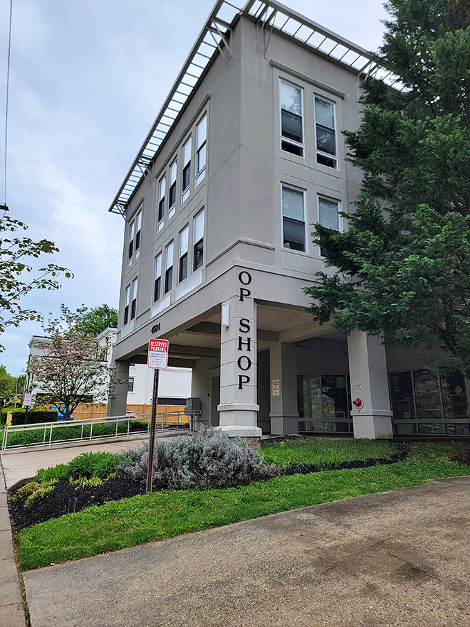 The Opportunity Shop's understated entrance hides what locals know: this is where Chevy Chase's finest wardrobes go to find new homes.