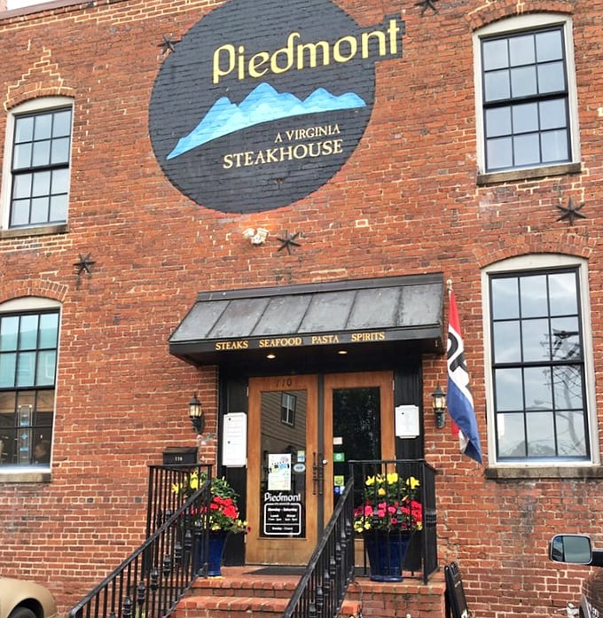 Piedmont's rustic brick exterior and mountain logo hint at the local flavors waiting inside. Culpeper's hidden steak treasure!