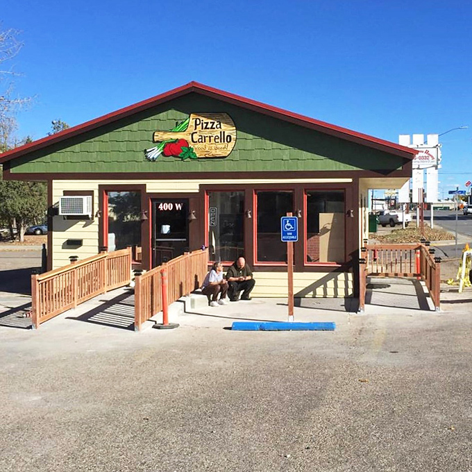 Road trip reward alert! After miles of Wyoming highway, this welcoming pizzeria appears like a cheesy mirage in the high plains.