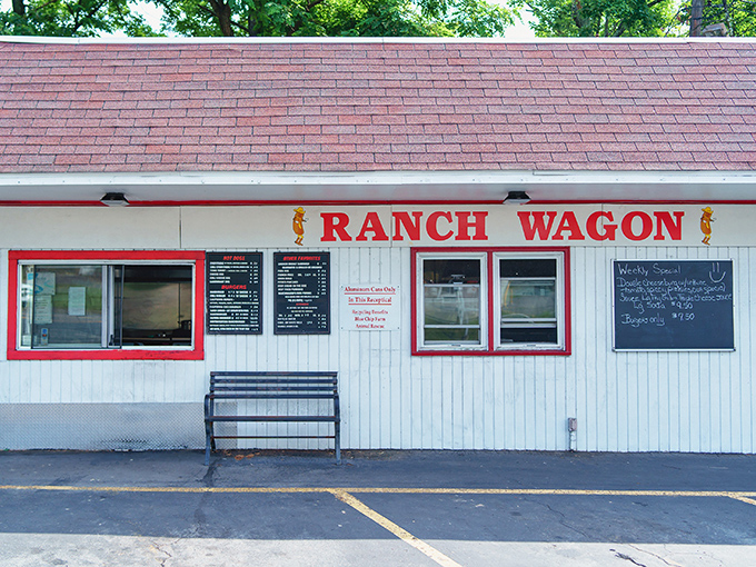 Ranch Wagon's simple white building with red trim houses hot dog magic that locals line up for daily.