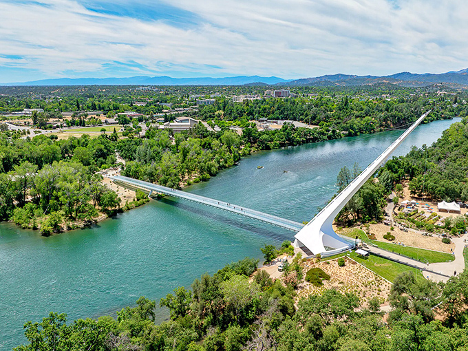 From above, Lake Shasta's sparkling waters and surrounding mountains make Redding look like nature's perfect postcard.