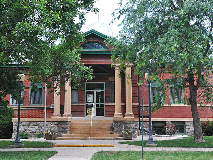 Redfield's beautiful brick library building speaks to the town's commitment to community resources without demanding high property taxes.