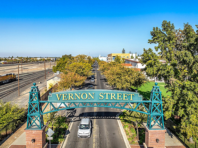 Roseville announces itself with a grand arch spanning the street, welcoming visitors to its revitalized downtown district.