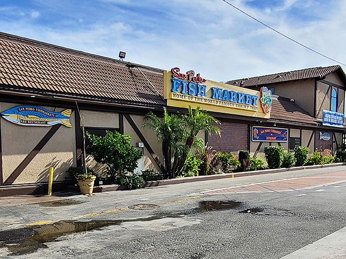 The iconic San Pedro Fish Market welcomes seafood lovers with its promise of "world famous" fish – a bold claim that actually delivers!