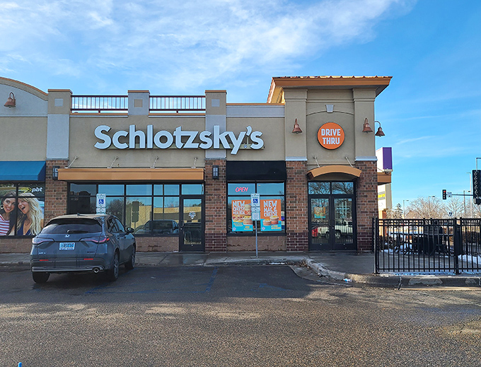 Schlotzsky's modern design stands out like a sandwich beacon. That drive-thru window means deliciousness doesn't require leaving your car.