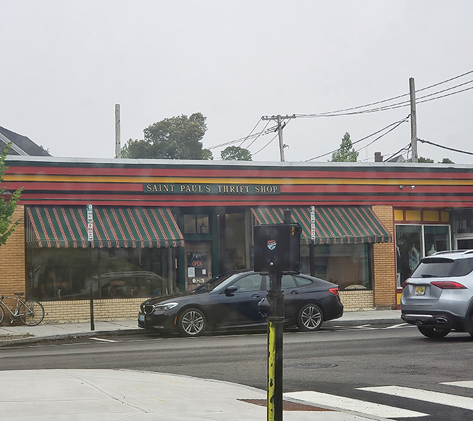 Vintage charm on display! St. Paul's striped awnings and classic storefront bring a touch of boutique elegance to thrift shopping.
