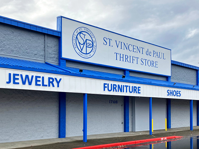 St. Vincent de Paul's blue and white facade stands like a charitable beacon. Jewelry, furniture, and good karma all under one roof.