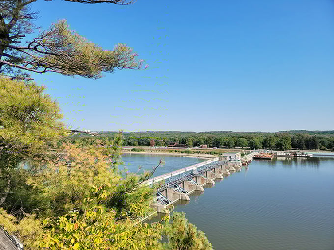 A tranquil view of the Illinois River and the Starved Rock Lock and Dam, where engineering meets natural beauty.
