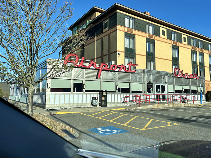 Airport Diner's retro chrome gleams like a time machine that only travels to the golden age of breakfast. 