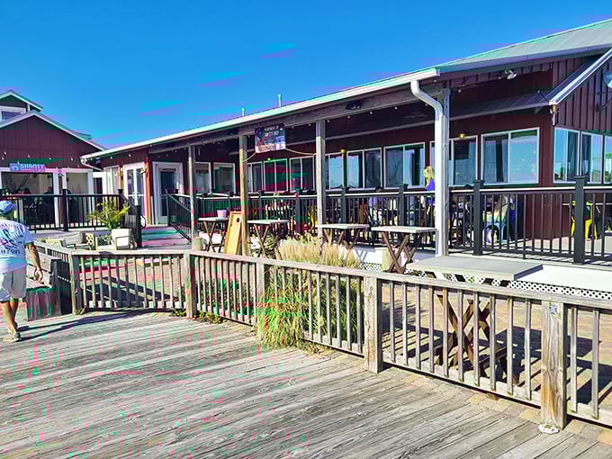 The Shanty's weathered wood and waterfront perch make every meal feel like a scene from your favorite fishing movie.