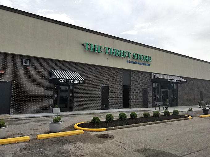 The Thrift Store's modern facade houses vintage treasures within. That coffee shop sign promises the fuel you'll need for serious bargain hunting.