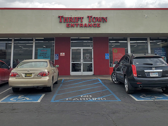 Thrift Town welcomes shoppers with its no-nonsense entrance – the red trim hints at the red-hot deals inside.