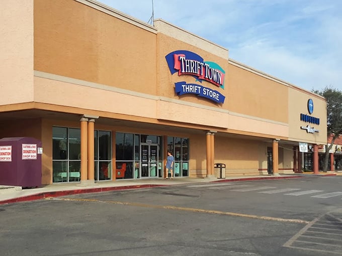 Thrift Town's warm tan exterior welcomes shoppers to a world of organized secondhand delights.