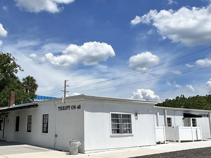 Thrift on 46: A humble white building housing extraordinary possibilities under the Florida sky.