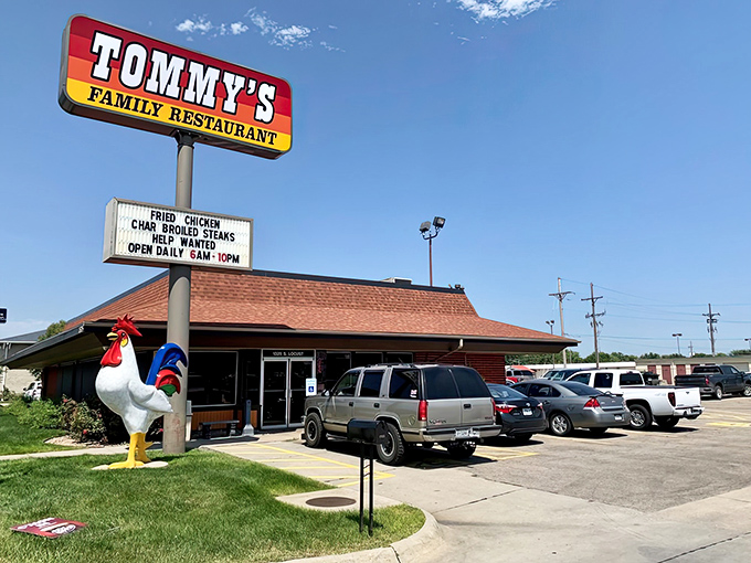 Tommy's Family Restaurant's giant rooster mascot stands guard over some of Nebraska's most satisfying breakfast platters.