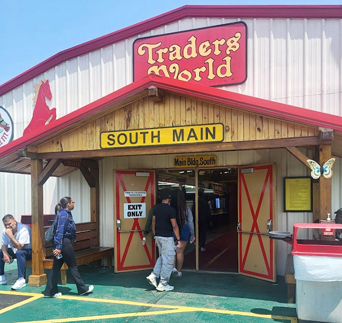 Red barn charm meets bargain bonanza. Traders World's distinctive entrance promises a day of treasure hunting adventures.