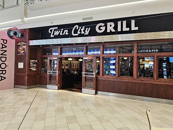 Twin City Grill brings unexpected culinary delight to mall dining. Behind that classic storefront, prime rib perfection awaits weary shoppers.