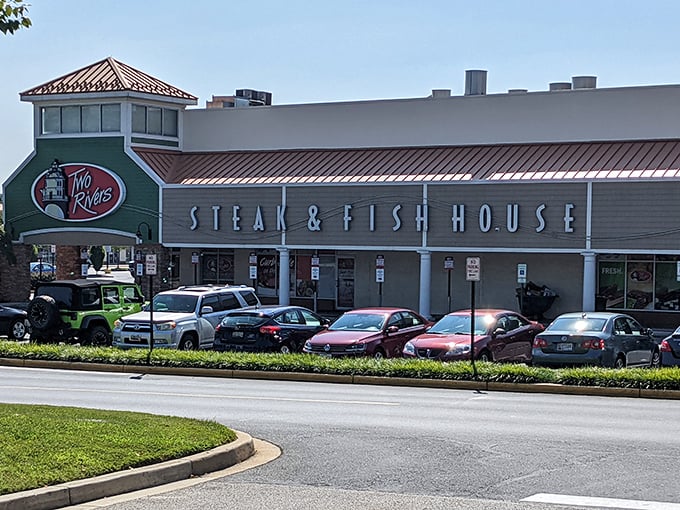Two Rivers Steak & Fish House commands attention with its distinctive green facade. This Pasadena landmark balances land and sea on every plate.