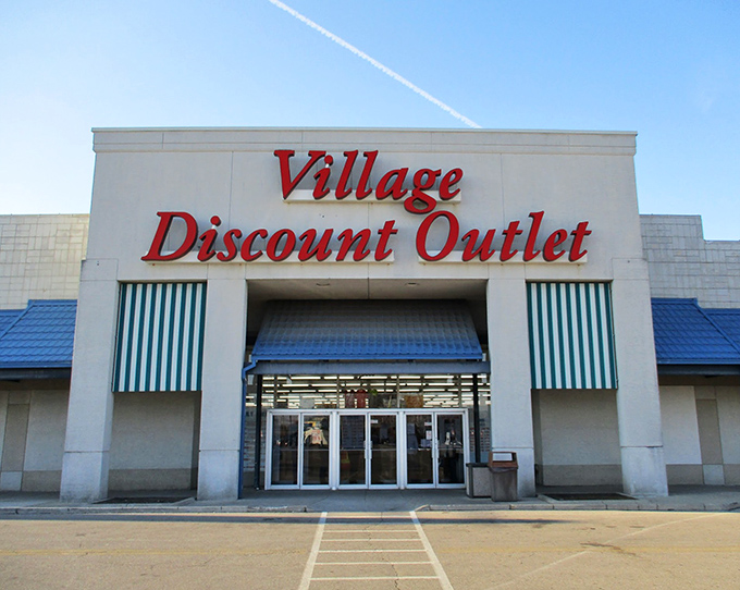 Village Discount Outlet's clean lines and bold signage make no apologies for what it is: a treasure trove of possibilities.